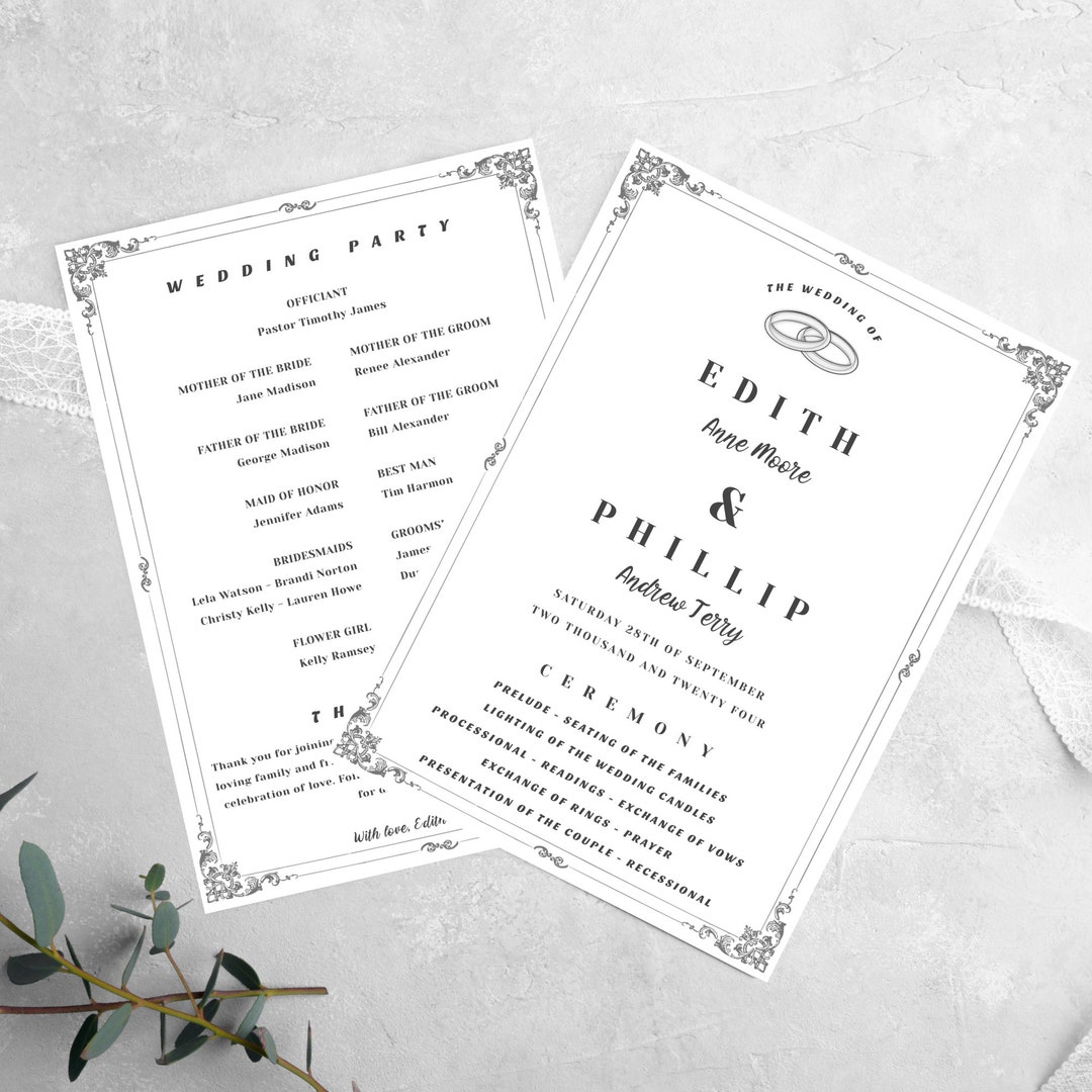 Wedding Ceremony Program, Wedding Program Template, Front and Back ...