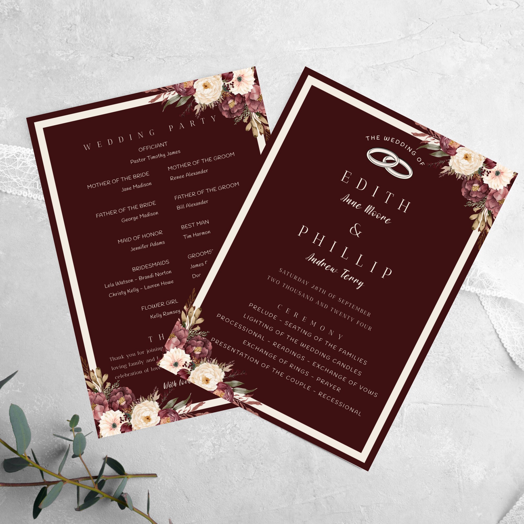 Burgundy Wedding Ceremony Program With Florals, Wedding Program ...