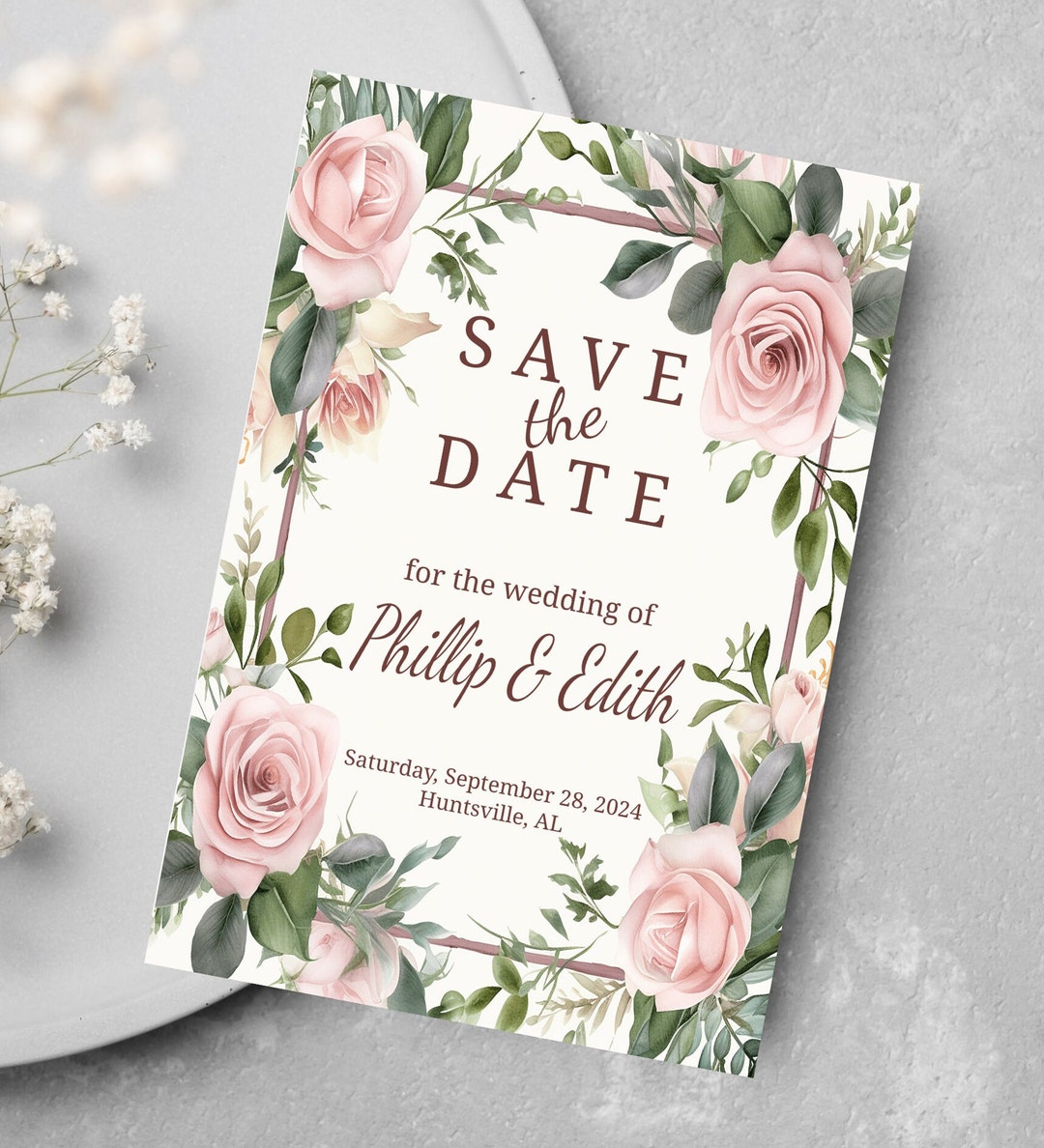 Soft Rose Save the Date, Pink Roses, Simple Save the Date, Editable ...