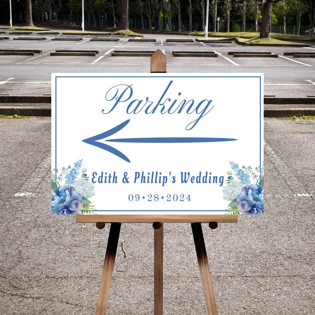 Wedding Parking Sign, Event Parking With Arrow With Blue & Floral ...