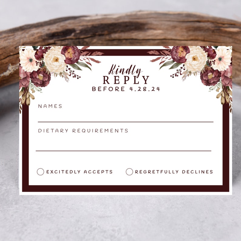Elegant Wedding Rsvp Card Template, Kindly Reply Card, Burgundy Floral ...