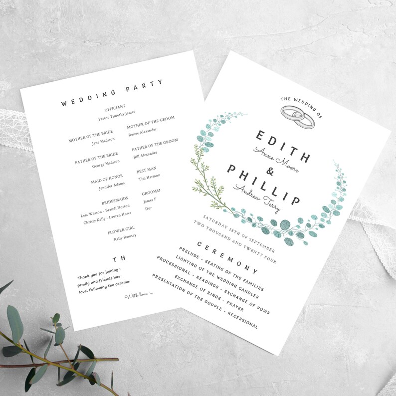 Wedding Ceremony Program Template, Church and Other Event Timeline, Front and Back, Wedding ...