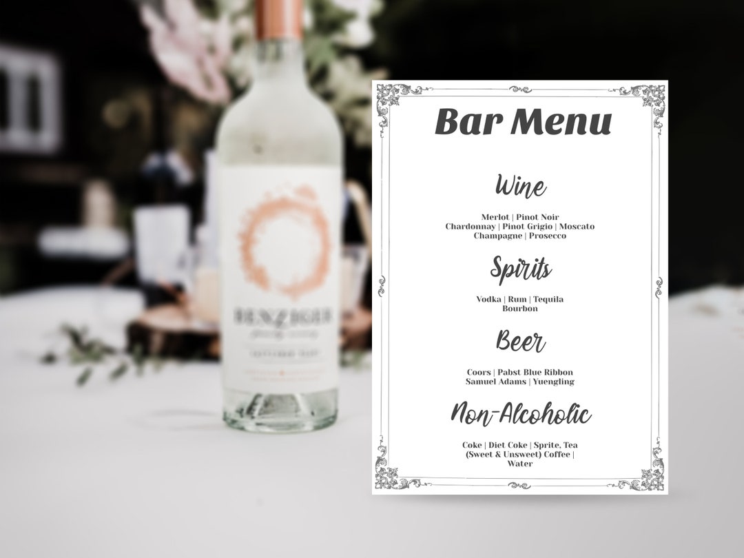 Bar Menu Template, Wedding Drinks Menu Sign, Easily Edit, Download ...