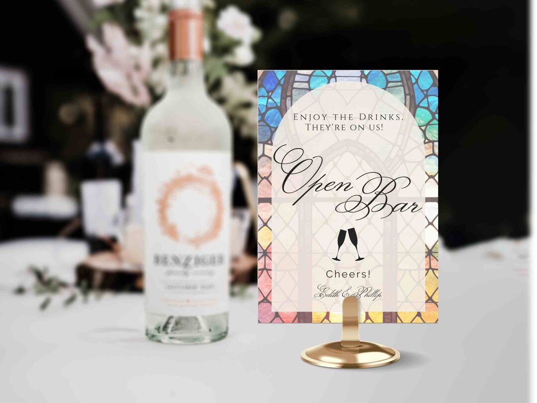 Open Bar Sign, Stained Glass Theme, Drinks on Us Editable Template ...