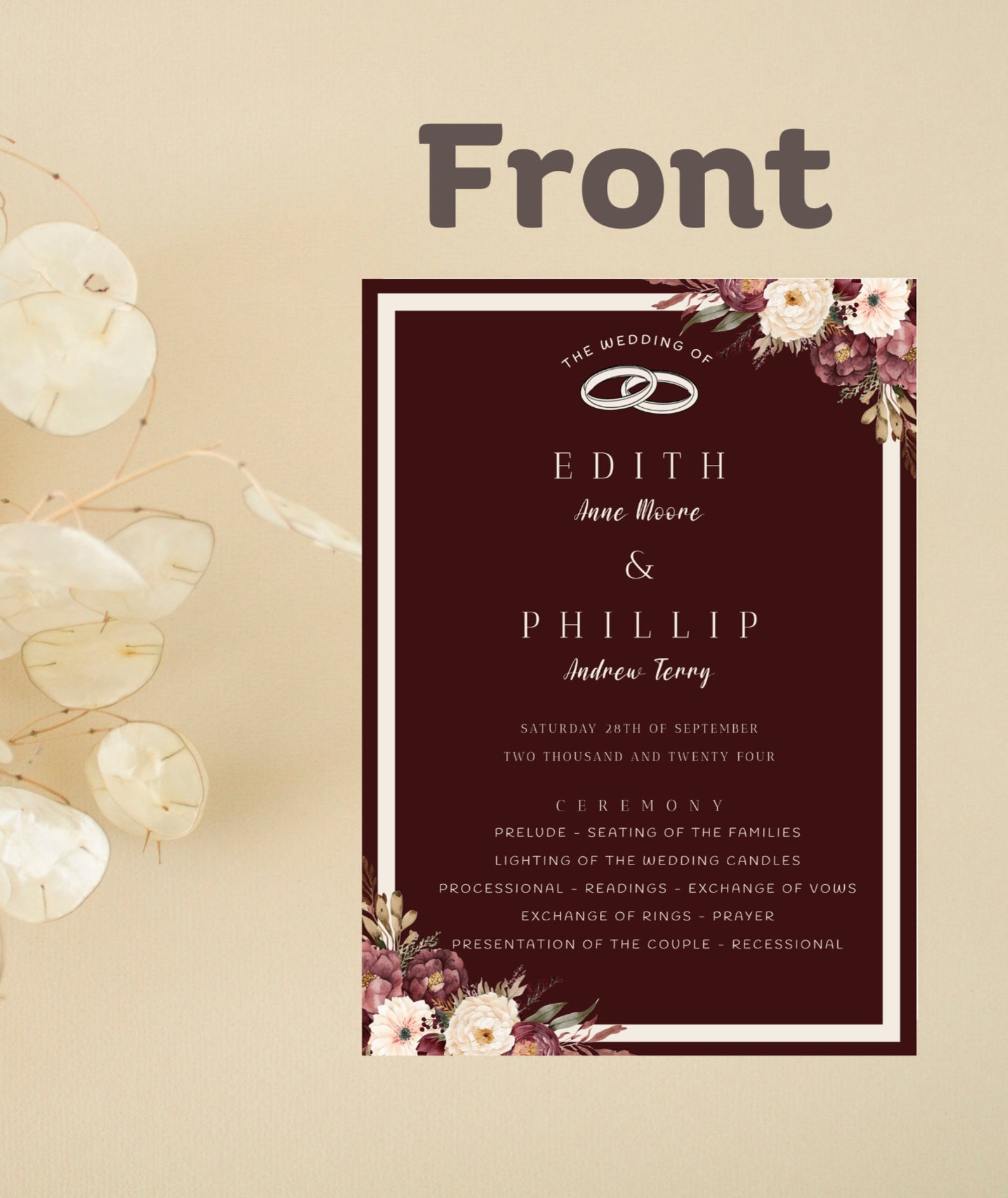 Burgundy Wedding Ceremony Program With Florals, Wedding Program ...
