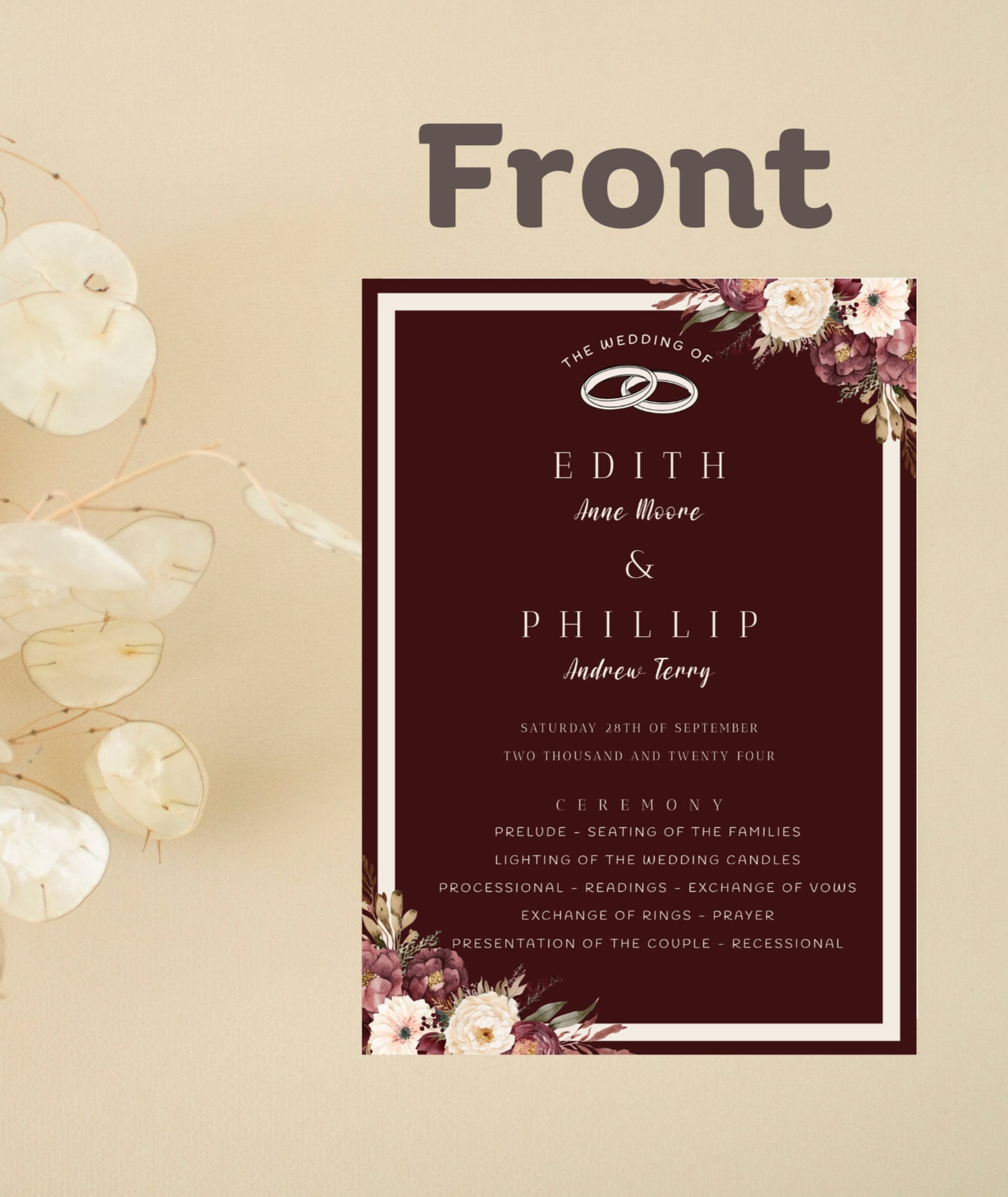 Burgundy Wedding Ceremony Program With Florals, Wedding Program ...