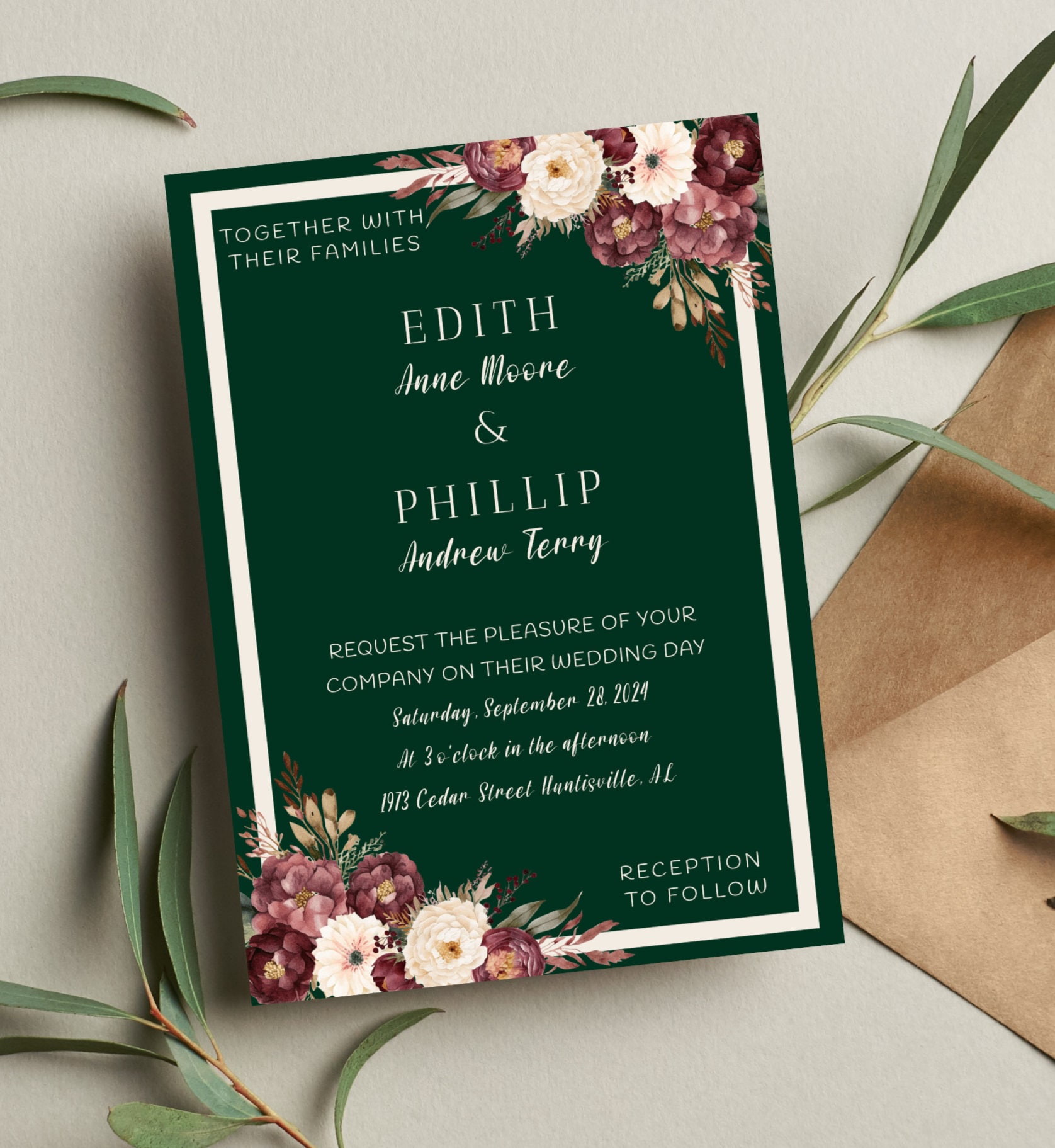 Dark Green Wedding Invitation Template Editable Invitation Printable ...