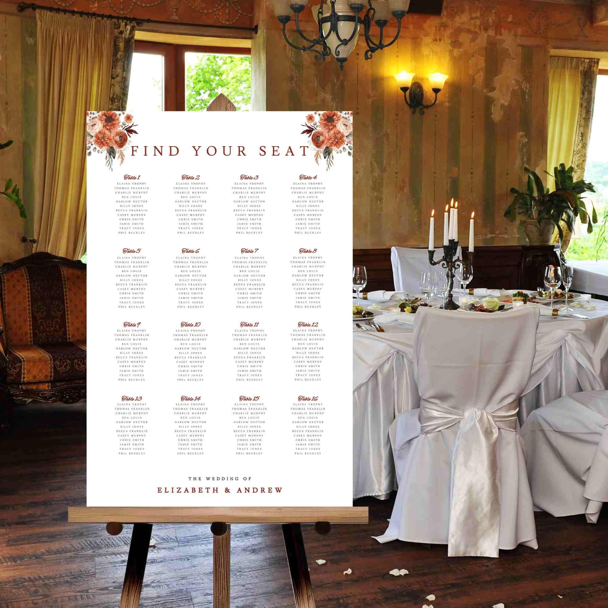 Terracotta Floral Wedding Seating Chart Template, Table Seating Chart ...