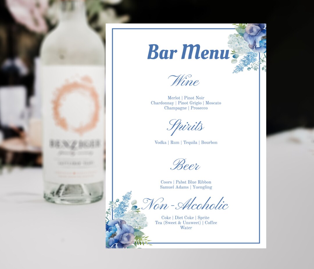 Blue Floral Bar Menu Template, Wedding Drinks Menu Sign, Easily Edit ...