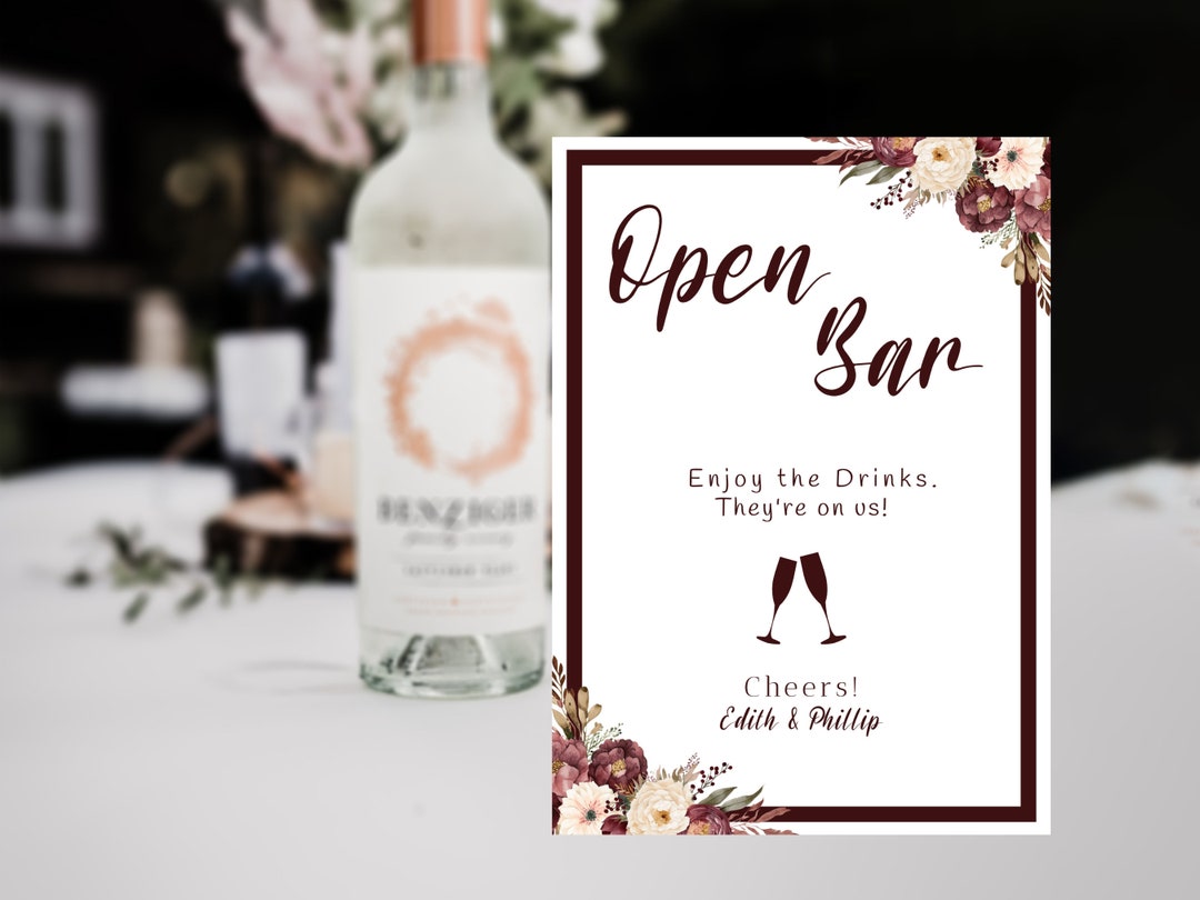 Open Bar Sign, Drinks on Us Editable Template, Perfect for Your Wedding ...