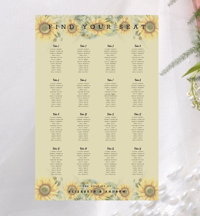 Sunflower Wedding Seating Chart Template | Table Seating Chart ...