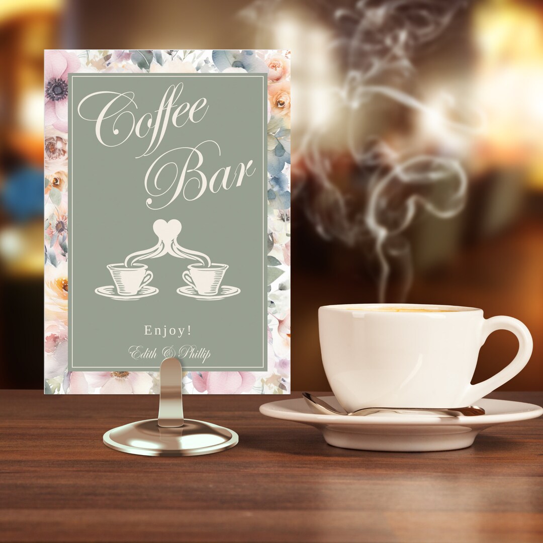 Coffee Bar Sign in Sace Green and Soft Floral Editable Template ...