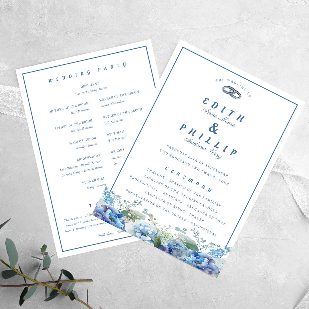Blue Hydrangea Wedding Program, Wedding Program Template, Front and ...