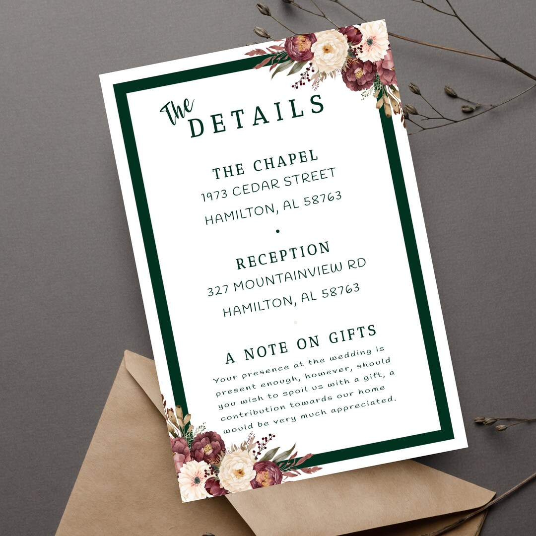 Printable Wedding Invite Details Insert, Dark Green Details Card ...