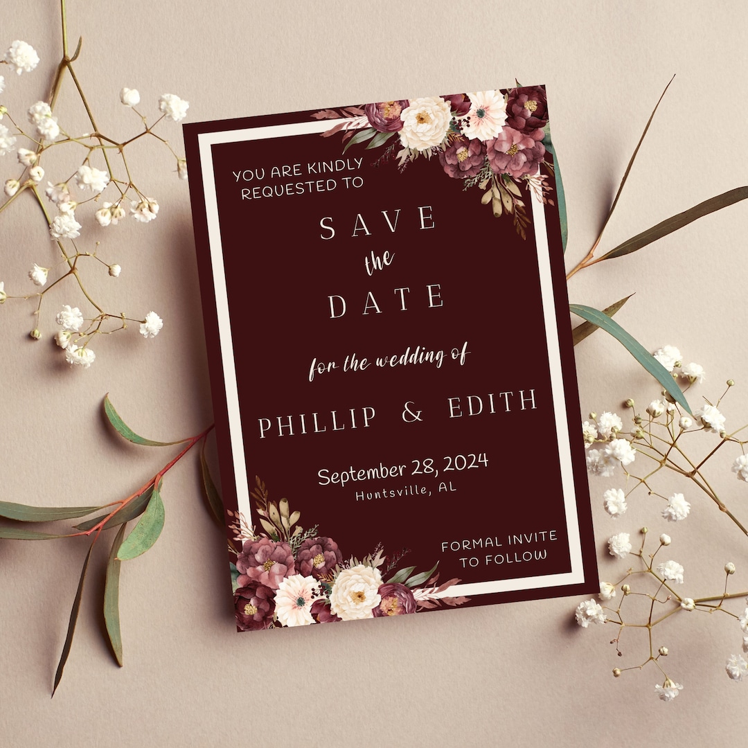 Burgundy Save the Date Template | Templett Instant Download | Printable ...
