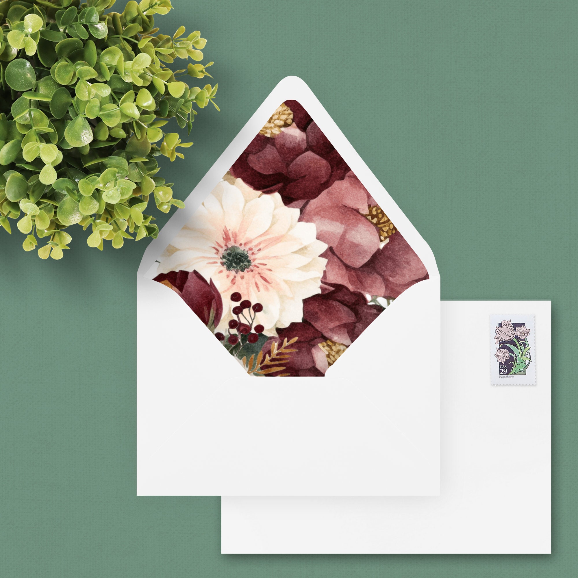 Burgundy Floral Envelope Liner Template | 12 Sizes | Floral Wedding ...