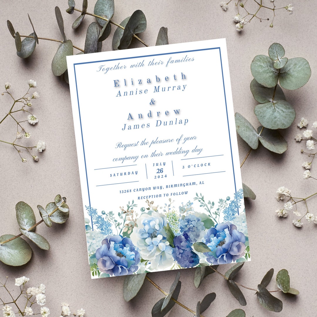 Blue Floral Wedding Invitation Digital Template | Editable Template ...