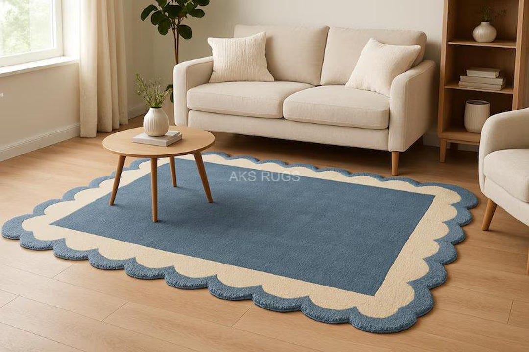 Scalloped 8x10 Vintage Hand Tufted Blue Baspoke Rug 9x12 Custom ...