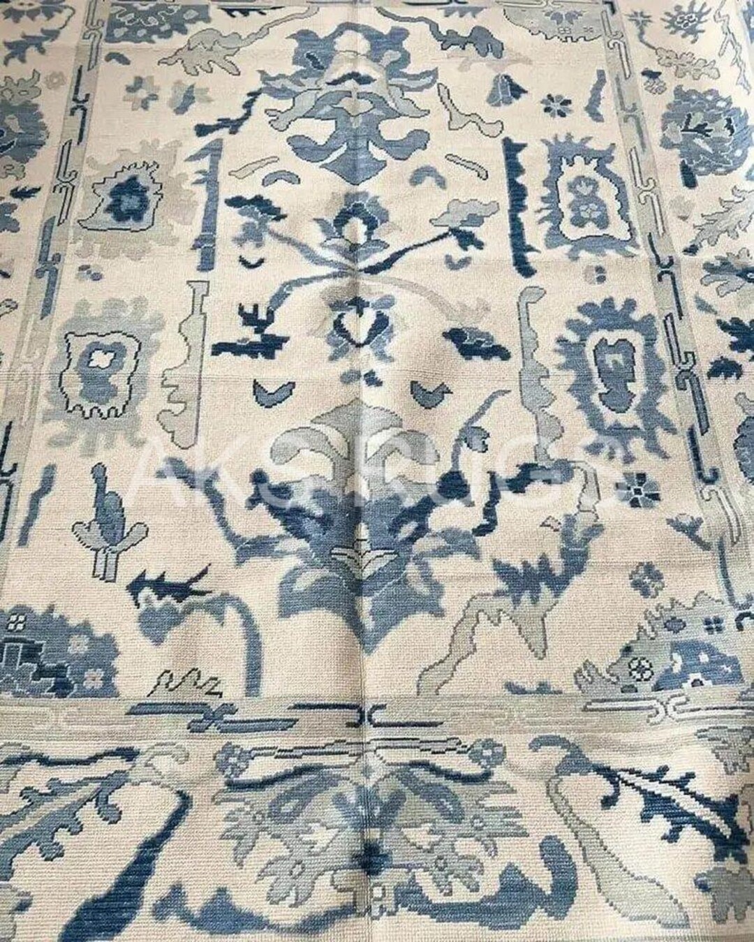 Tuscan Ivory Turkish Pastel Blue Cream Oriental Oushak Rug | Modern ...