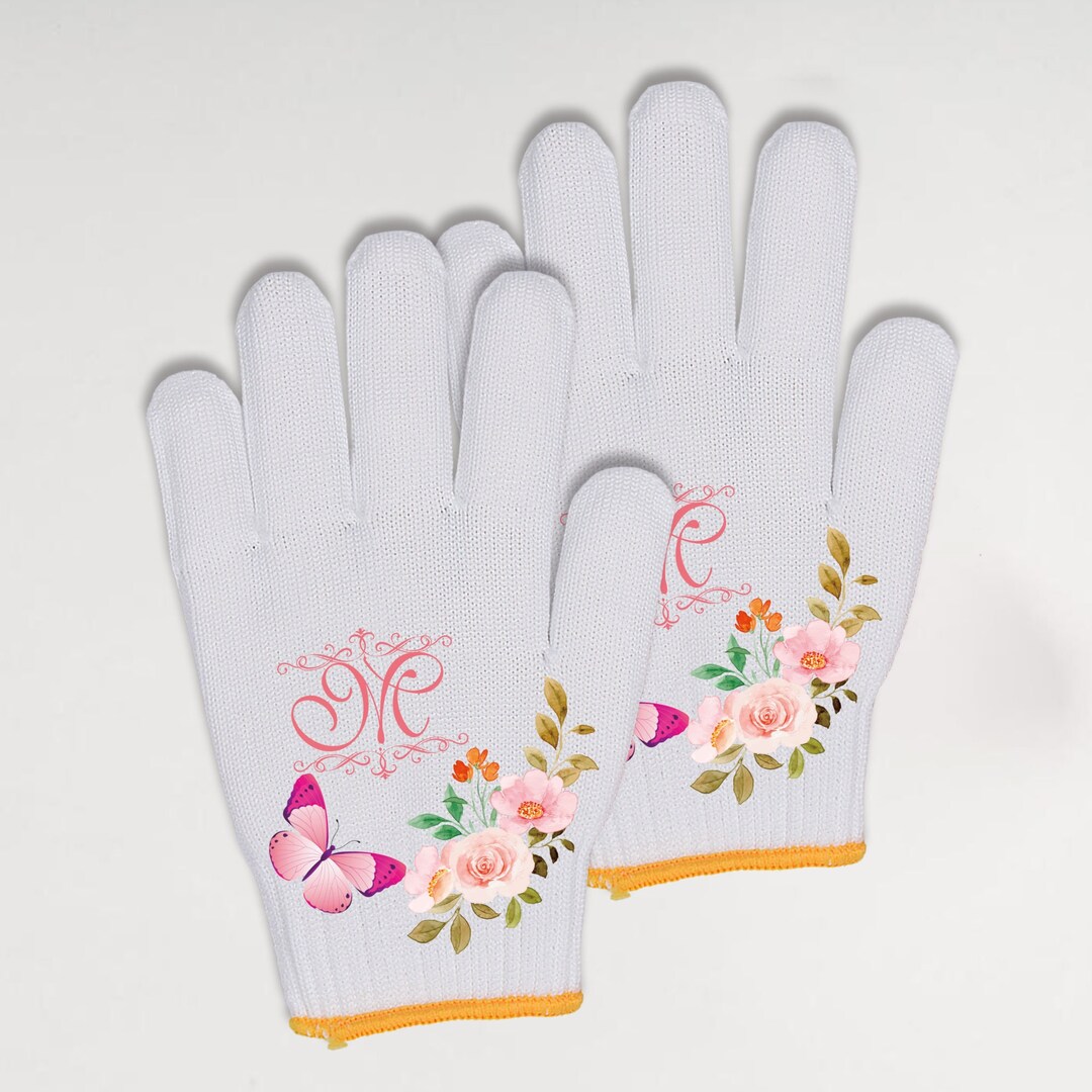 Customized Floral Gloves, Garden Gloves, Pink Flower With Butterfly ...