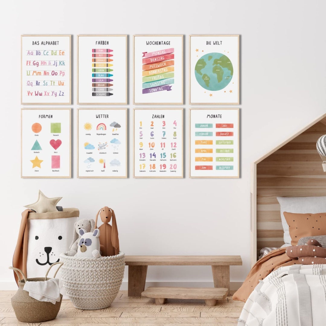 MeinBaby123® 8er Set DIN A4 Lernposter | Bilder Kinderzimmer Deko ...
