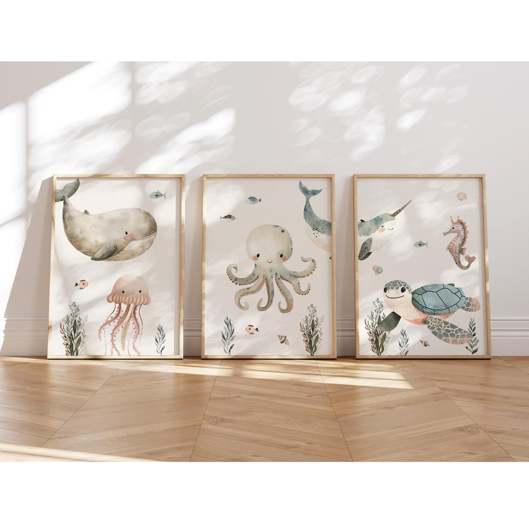Cute Sea Creatures A4 Poster Children's Room Set of 3, Cute Whale ...