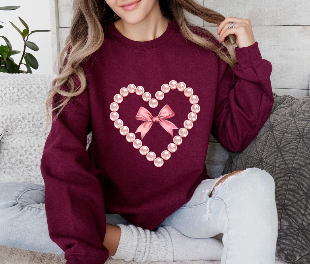 Coquette Pearl Heart Sweater, Coquette Pink Bow Sweater, Cute Pearl ...