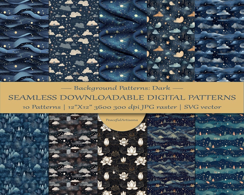 10 Seamless Digital Patterns, Dark Background Patterns, SVG, JPG ...
