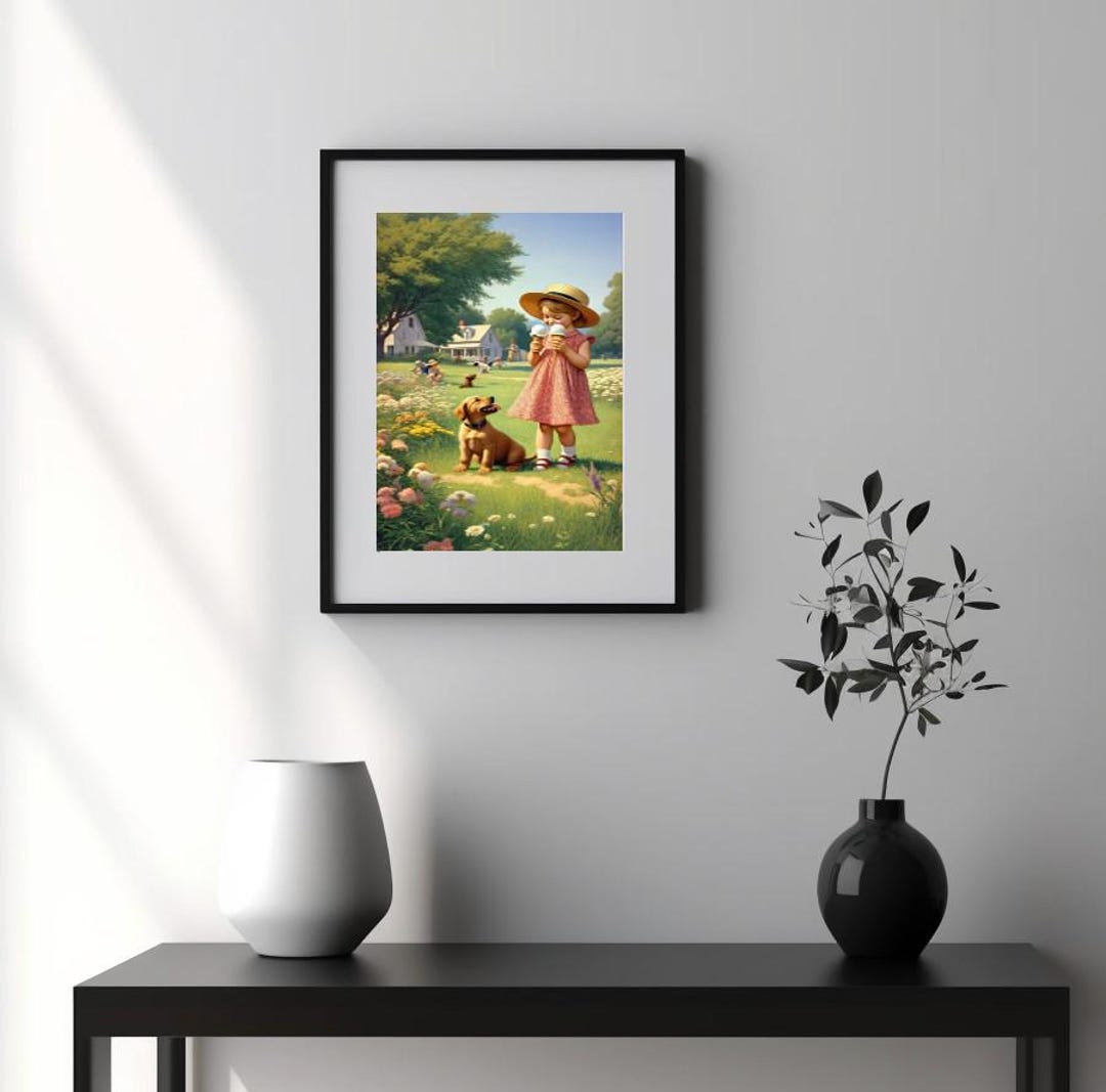 Cute Little Girl and Her Dog, Girl and Puppy, Illustration, Art Print ...