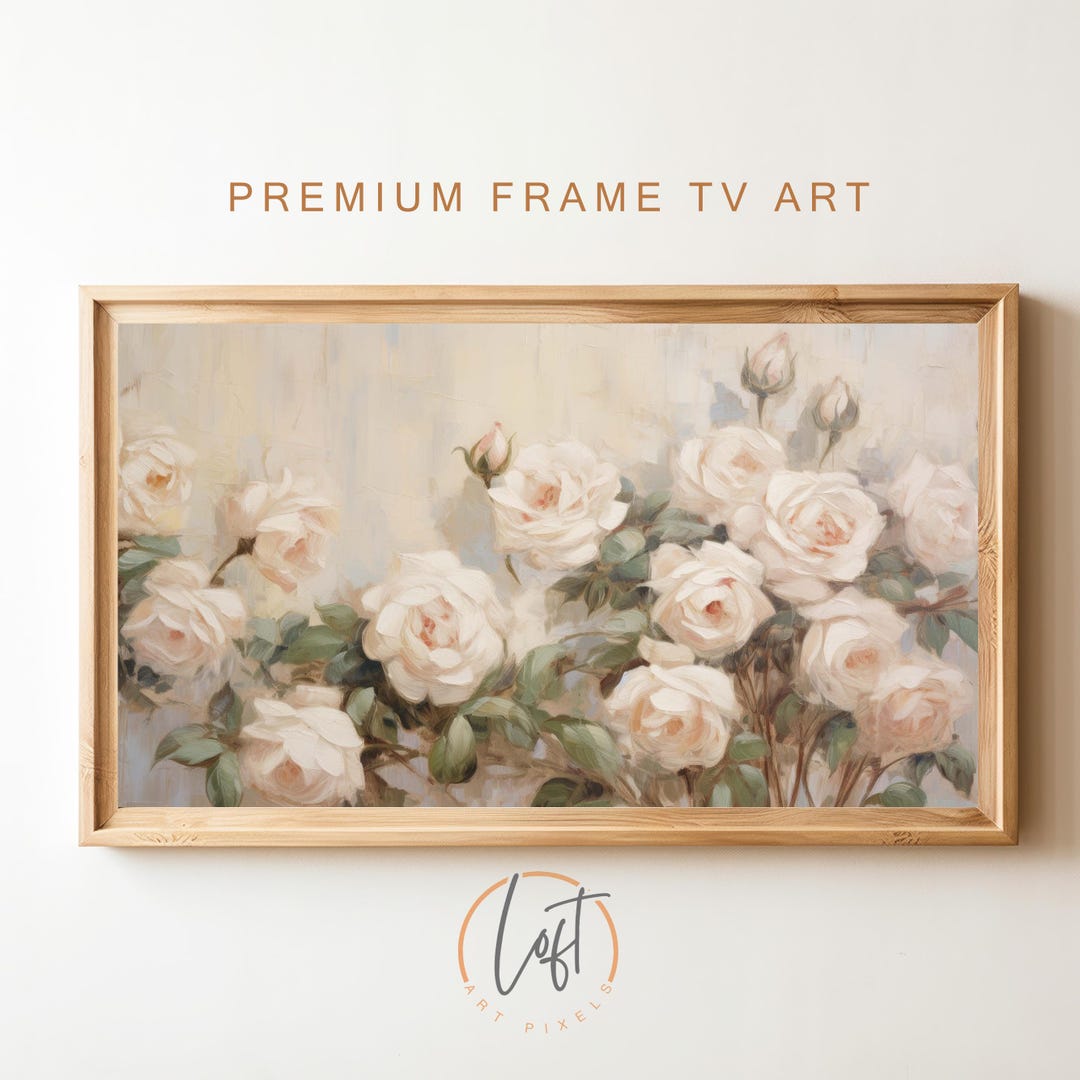 Frame TV Art File, Frame TV, Vintage Oil Painting, Pink Roses, Muted ...