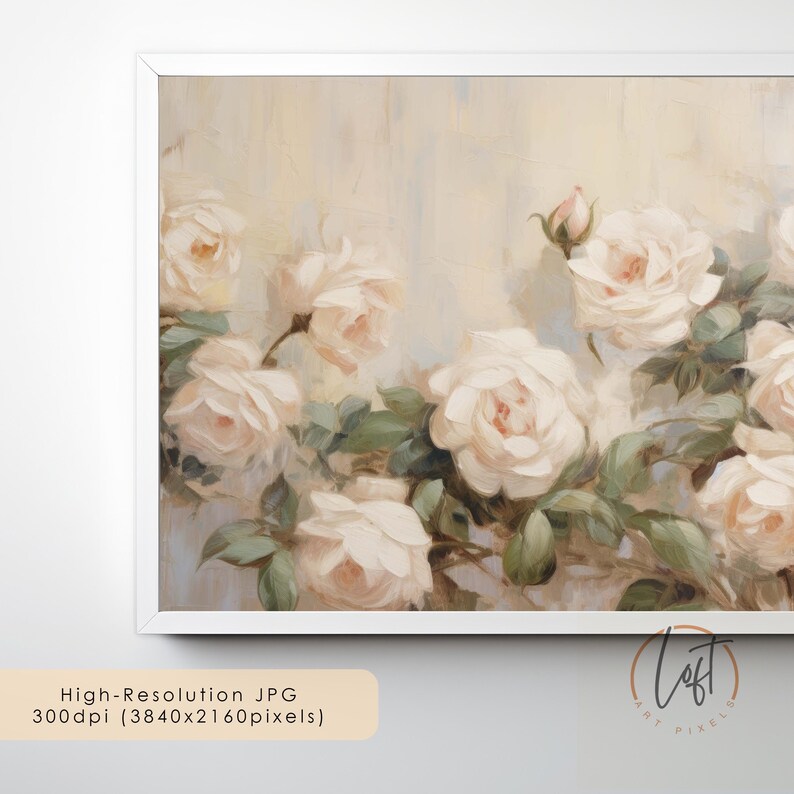 Frame TV Art File, Frame TV, Vintage Oil Painting, Pink Roses, Muted ...
