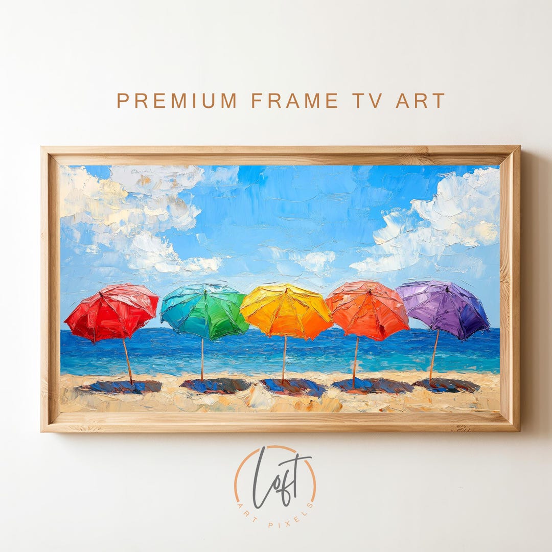 Colorful Beach Umbrellas Frame TV Art, Summer Seascape (digital ...