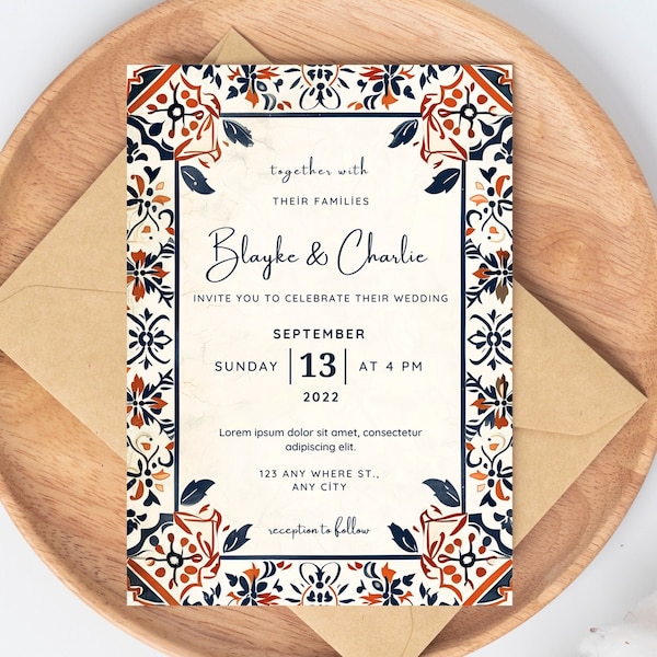 Editable Talavera Tile Wedding Invite Vibrant Mexican Floral Instant ...