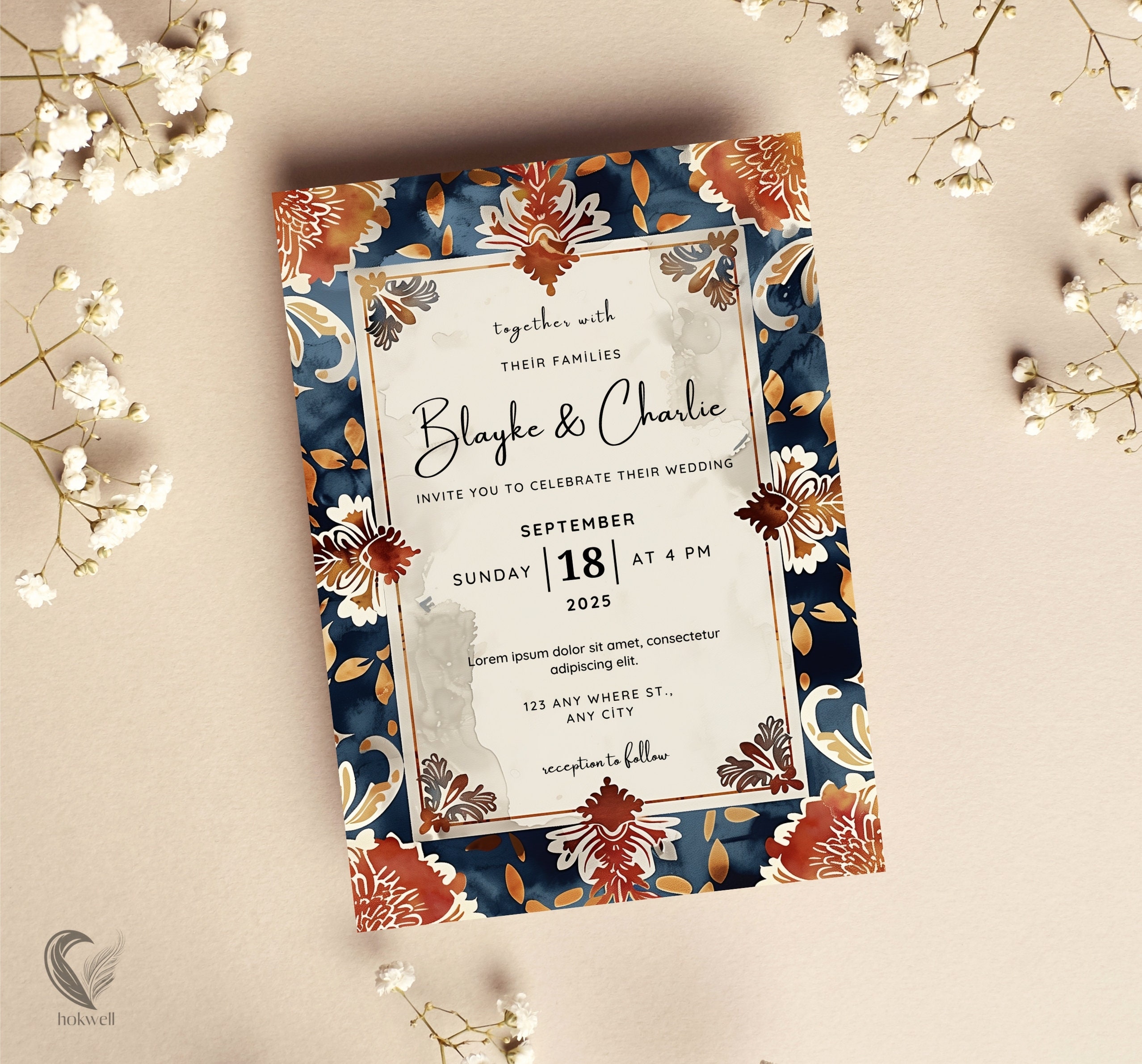 Elegant Navy and Copper Floral Wedding Invitation, Fall Wedding Invites ...