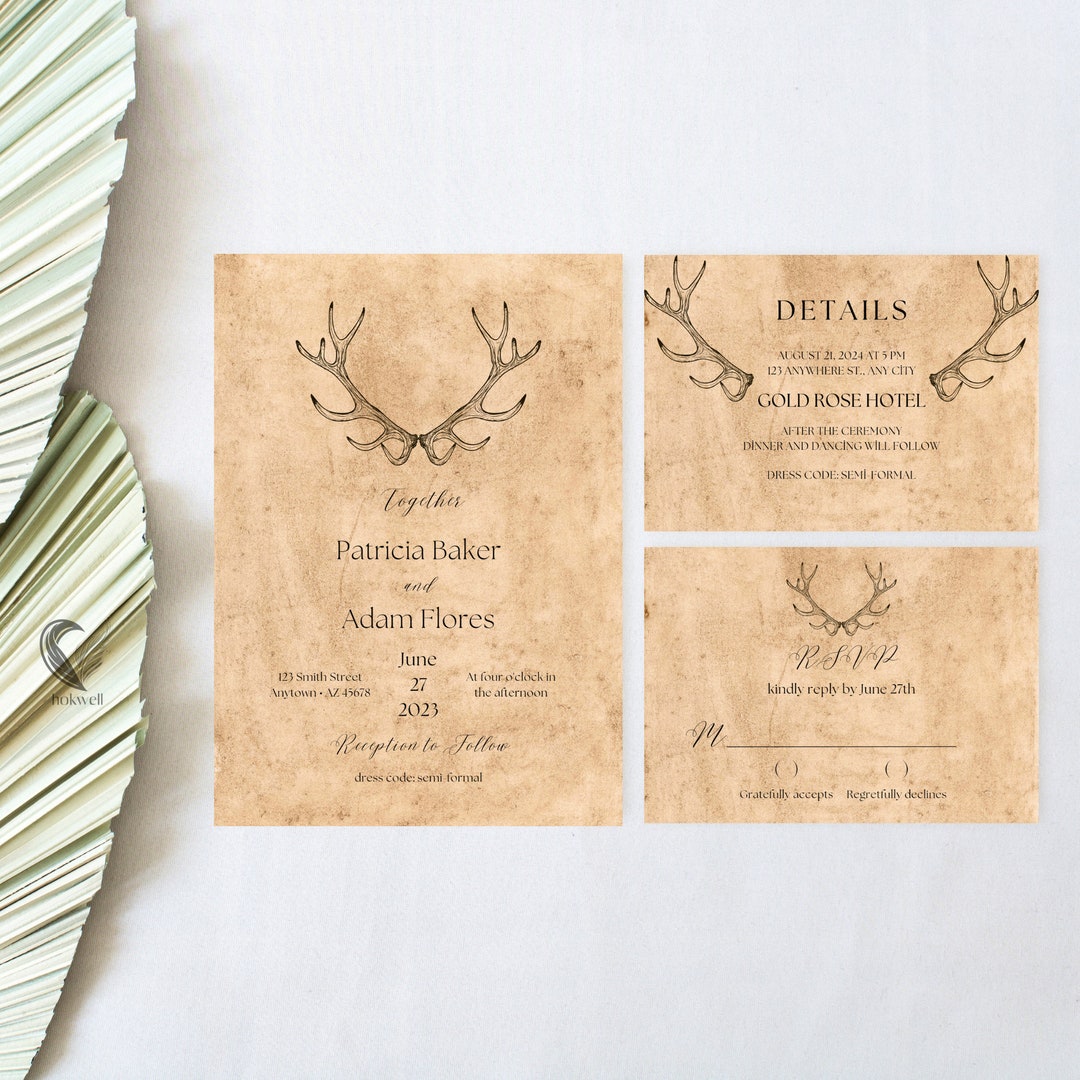 Deer Antler Wedding Invitations Template: Rustic Autumn Design (PDF) - Etsy