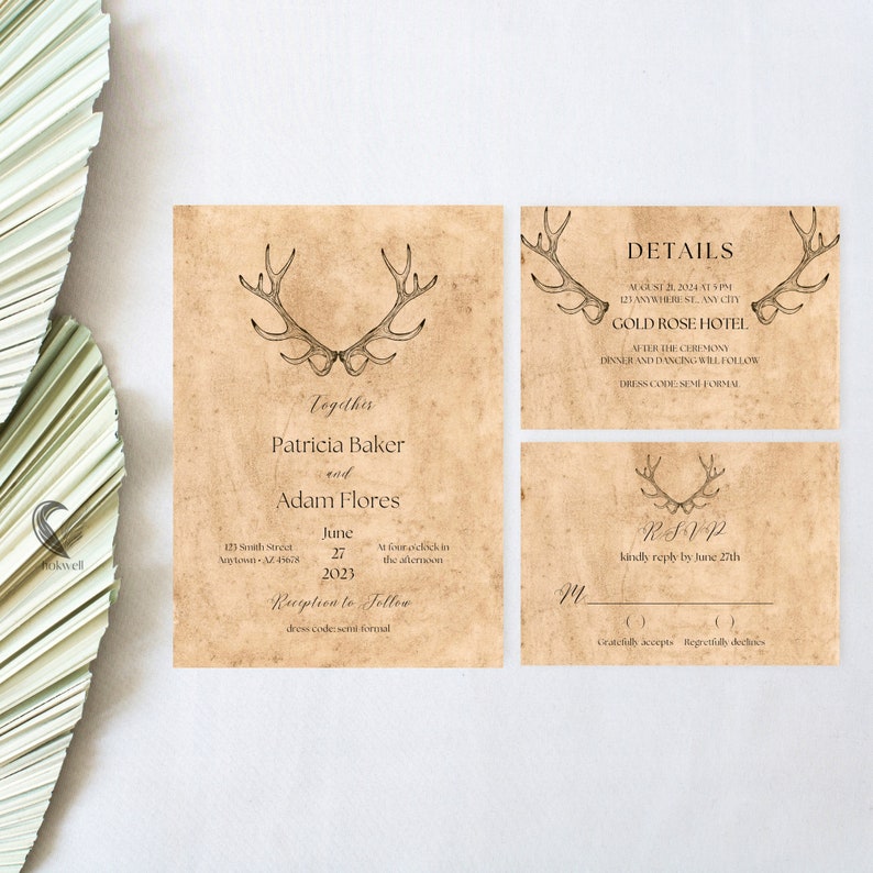 Deer Antler Wedding Invitations Template: Rustic Autumn Design (PDF) - Etsy