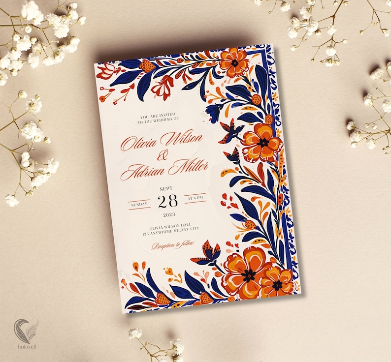 Talavera Tile Wedding Invitation: Mexican Fiesta Floral Design (digital ...