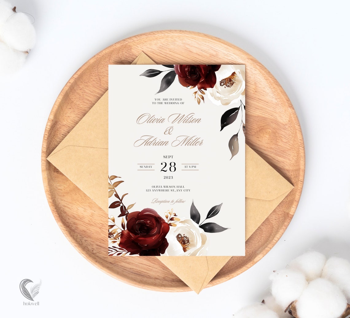 Elegant Burgundy and Ivory Wedding Invitation, Floral Boho Invite ...