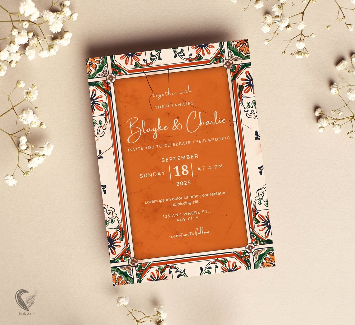 Mexican Terracotta Talavera Wedding Invitation, Colorful Floral Design ...