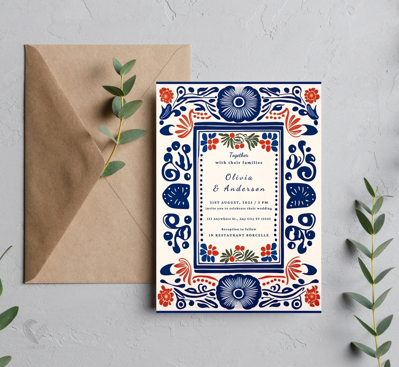 Blue & Red Talavera Tile Inspired Wedding Invite 5x7 Elegant Digital ...