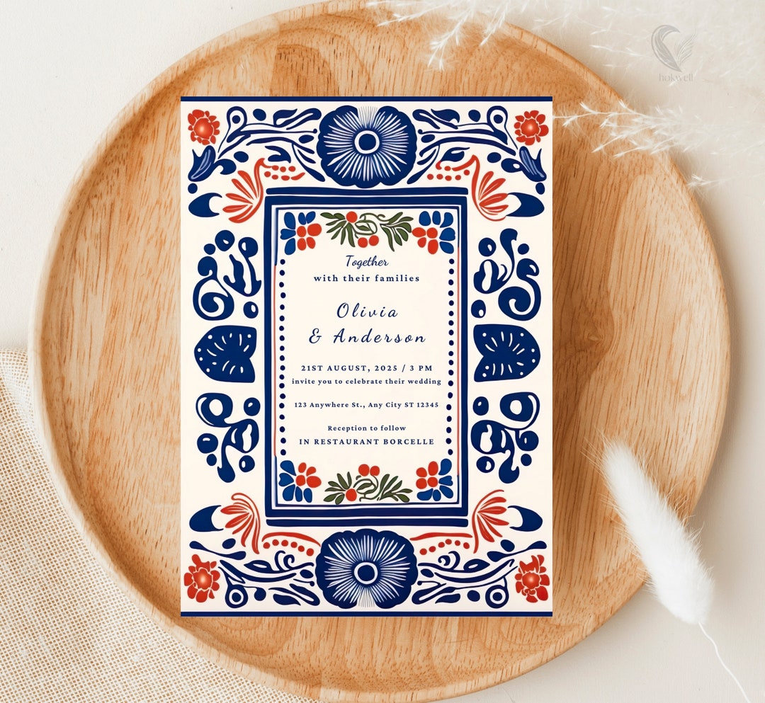 Blue & Red Talavera Tile Inspired Wedding Invite 5x7 - Elegant Digital ...