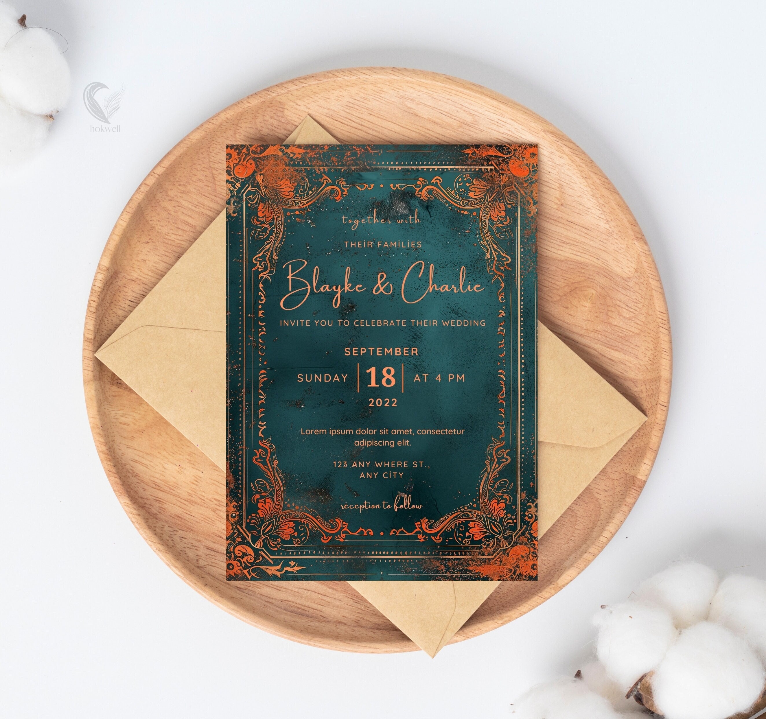 Teal & Burnt Orange Boho Wedding Invite, 5x7 Ornate Floral Digital ...
