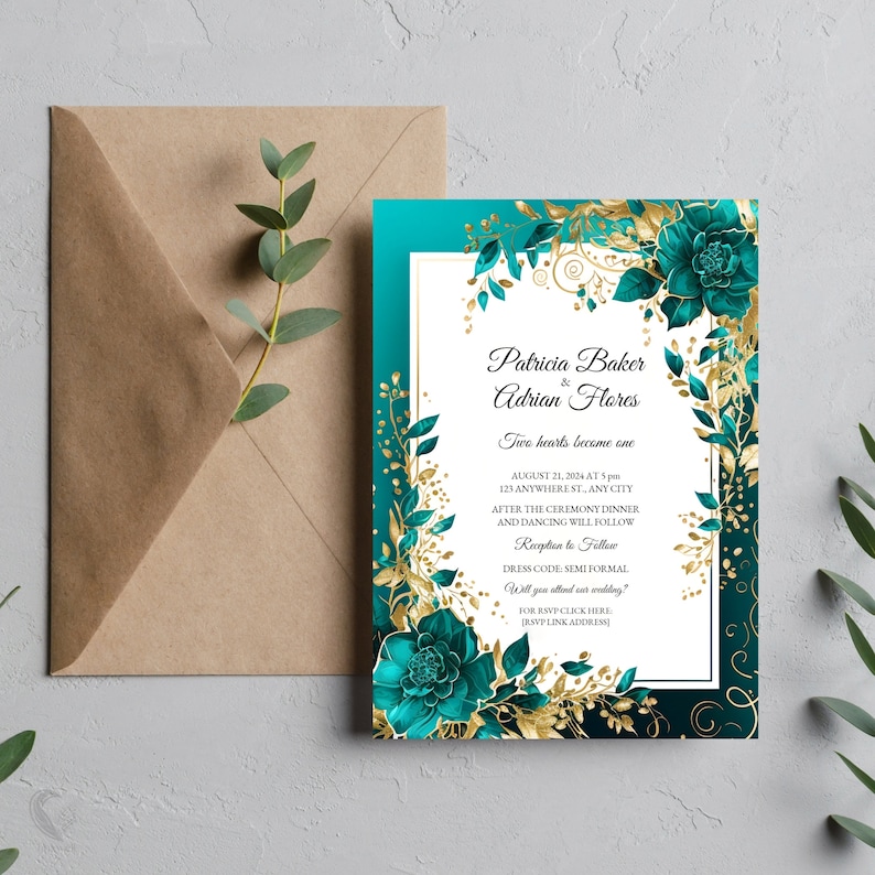 Teal Wedding Invitation Card With Floral Design, Aqua Accents, and ...