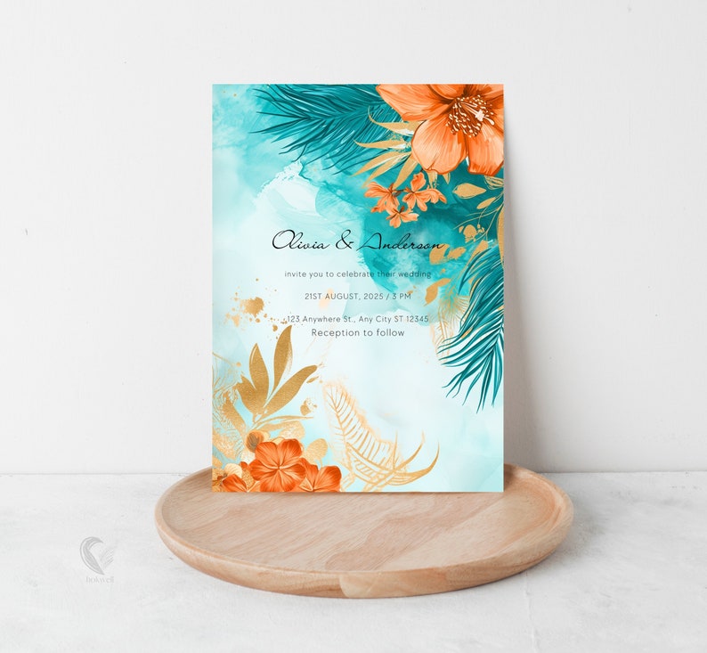 Tropical Teal & Coral Floral Wedding Invite, Editable 5x7 Invitation ...