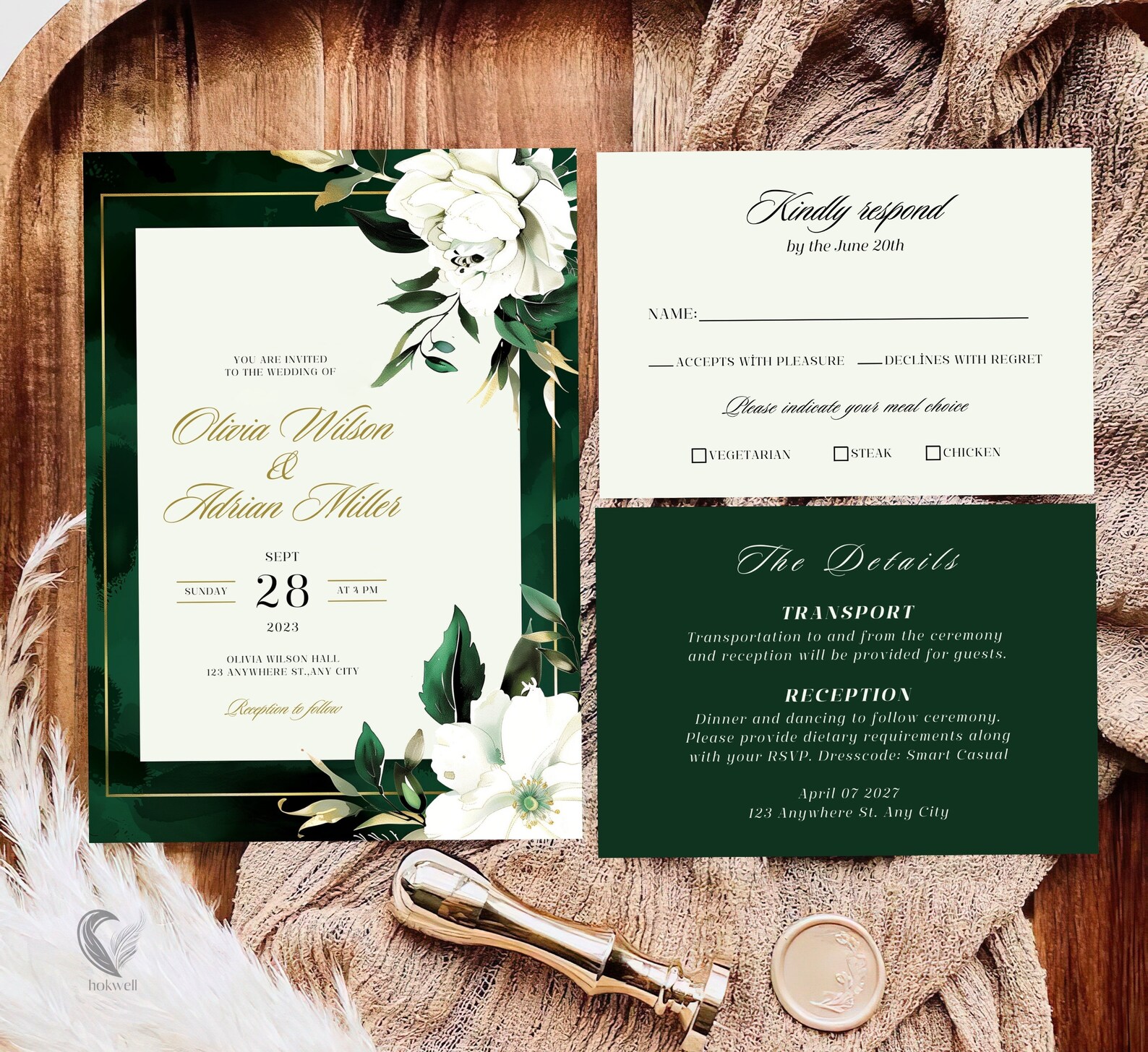 Emerald Green Floral Wedding Invitation, White Flower Invite, Dark ...