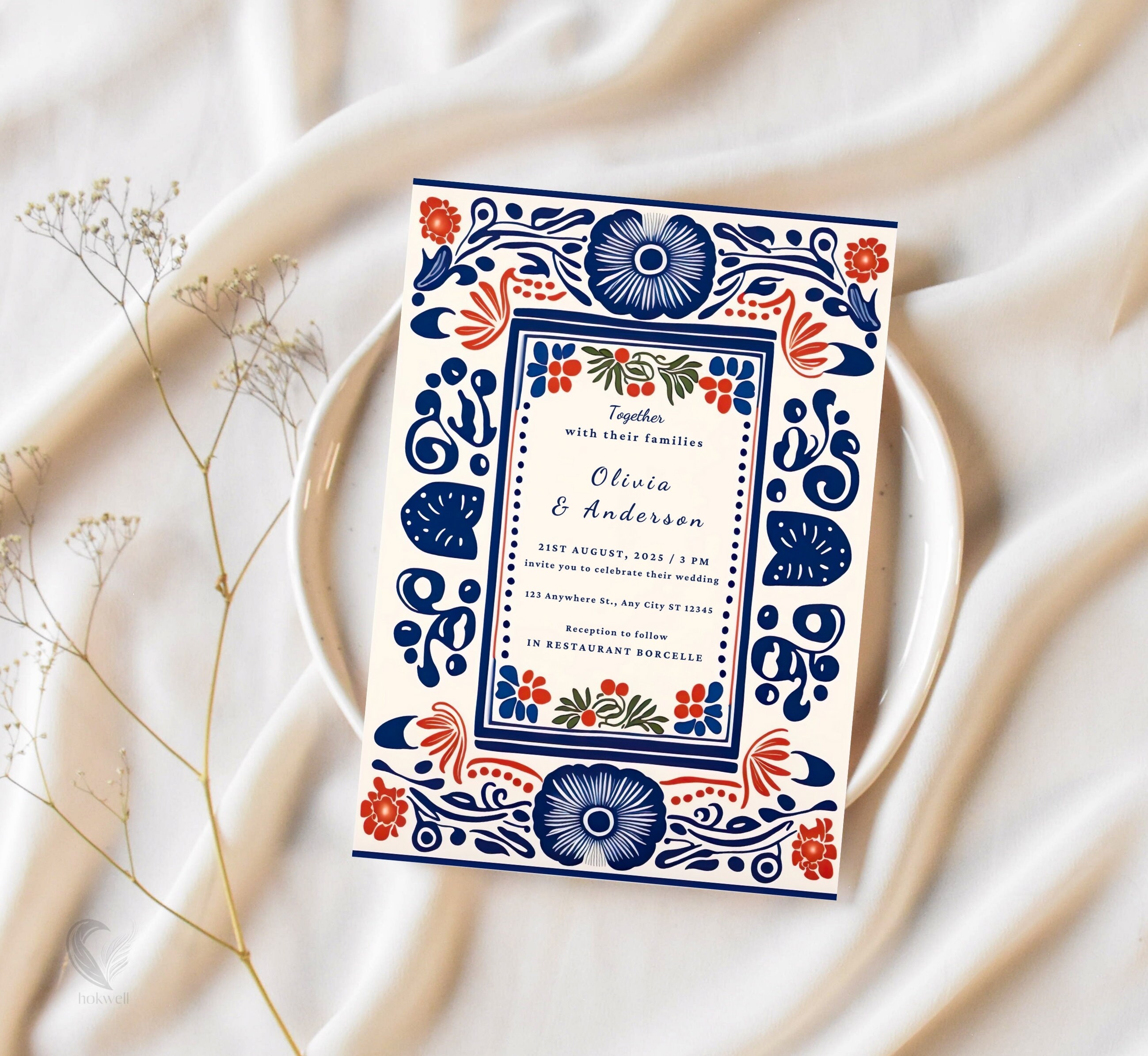 Blue & Red Talavera Tile Inspired Wedding Invite 5x7 Elegant Digital ...