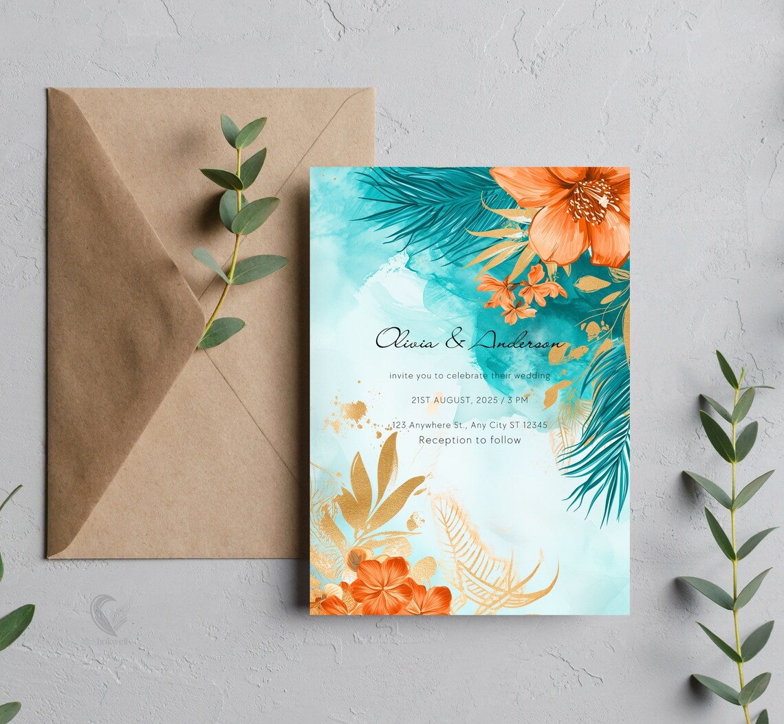 Tropical Teal & Coral Floral Wedding Invite, Editable 5x7 Invitation ...