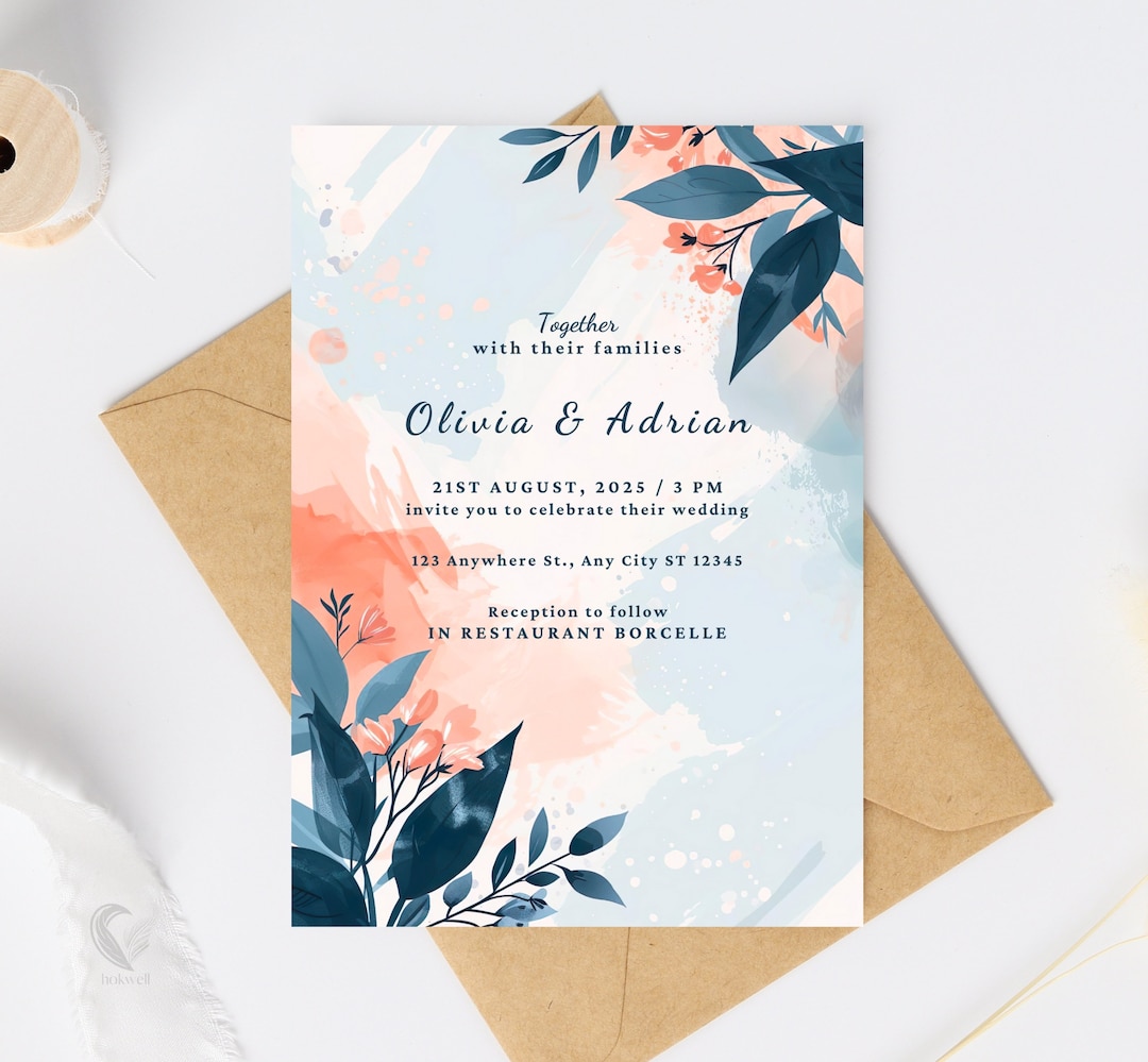 Navy & Coral Floral Wedding Invitation: Watercolor Botanical Theme (PDF ...
