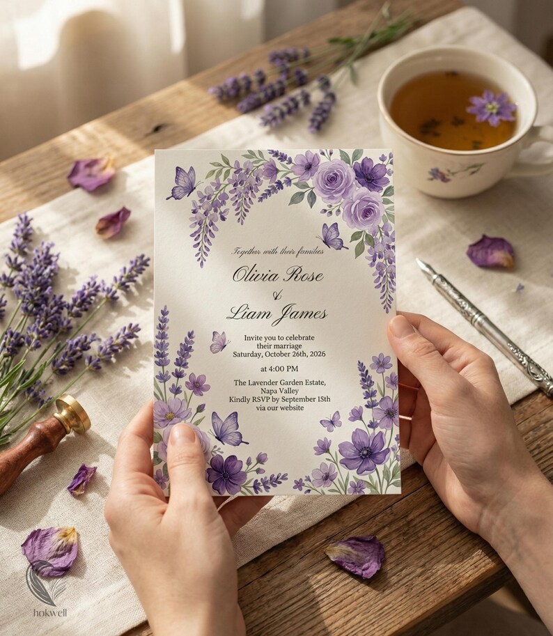 Luxury Lavender Garden Wedding Invitation, Royal Purple Floral Wedding ...