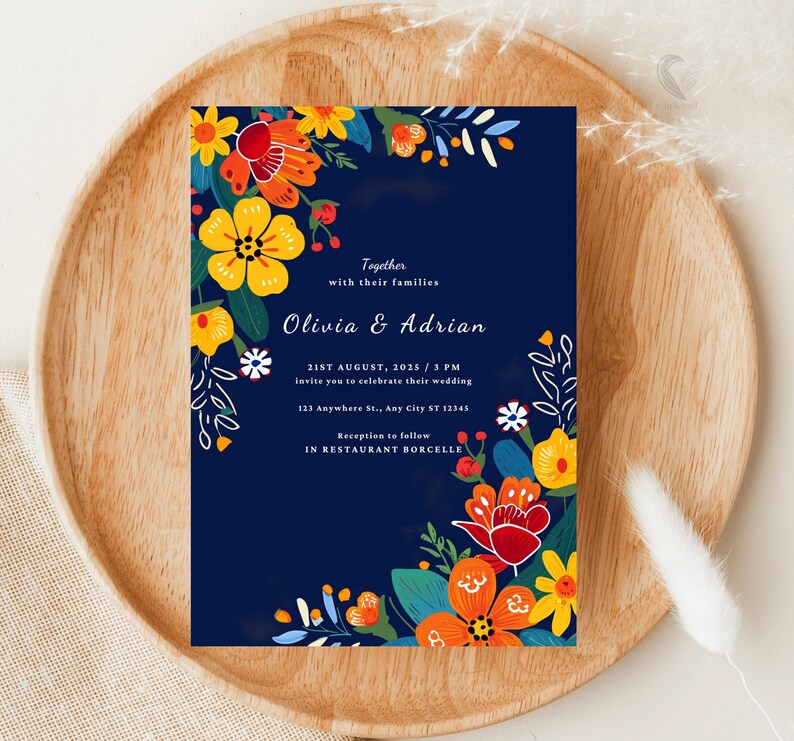 Blue Mexican Talavera Invitation Template, 5x7 Floral Printable Wedding ...